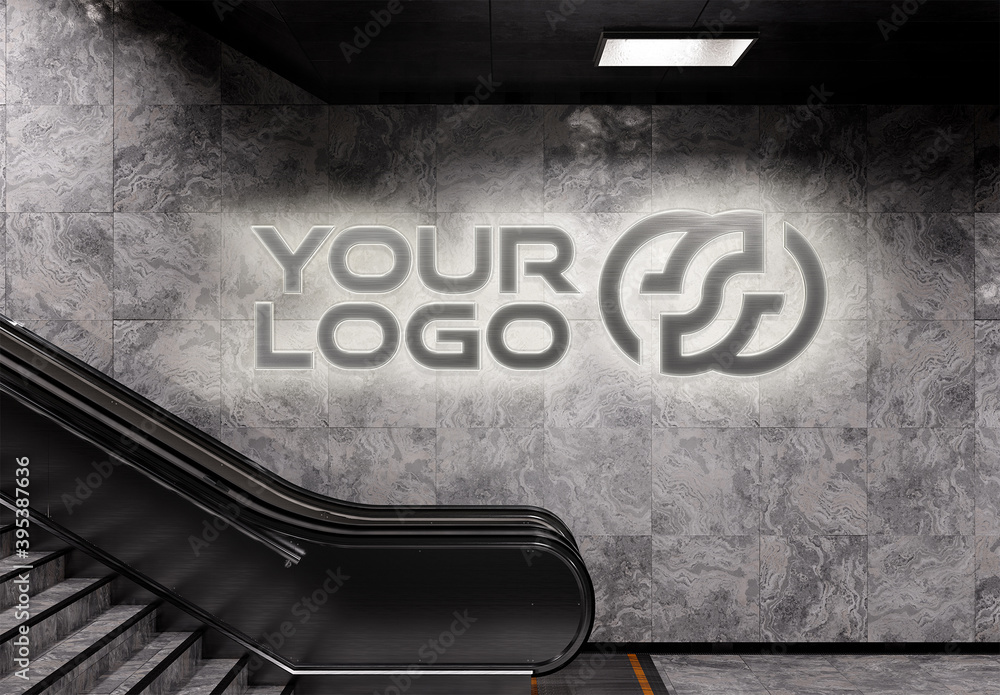 Luminous 3D Neon Sign Logo on Subway Station Wall Mockup Stock Template ...