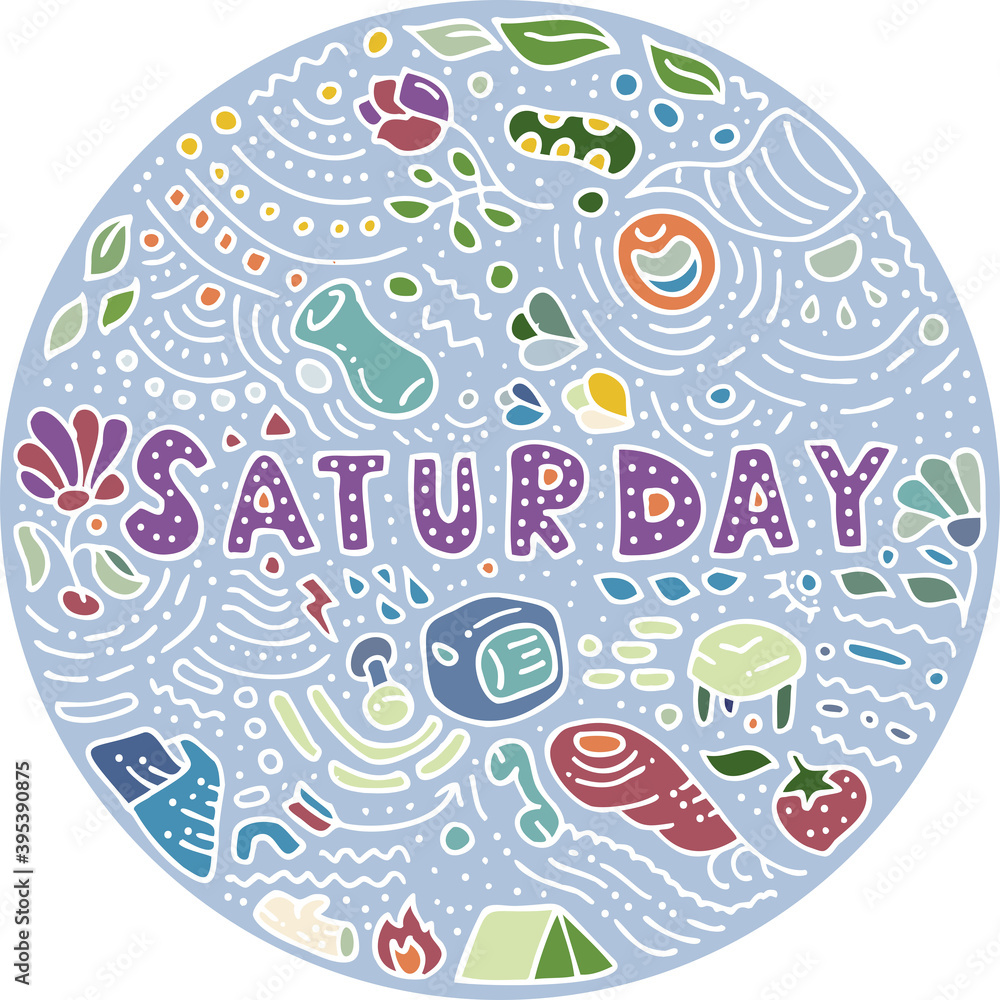 Round colored sticker in doodle style with the names of the days of the ...