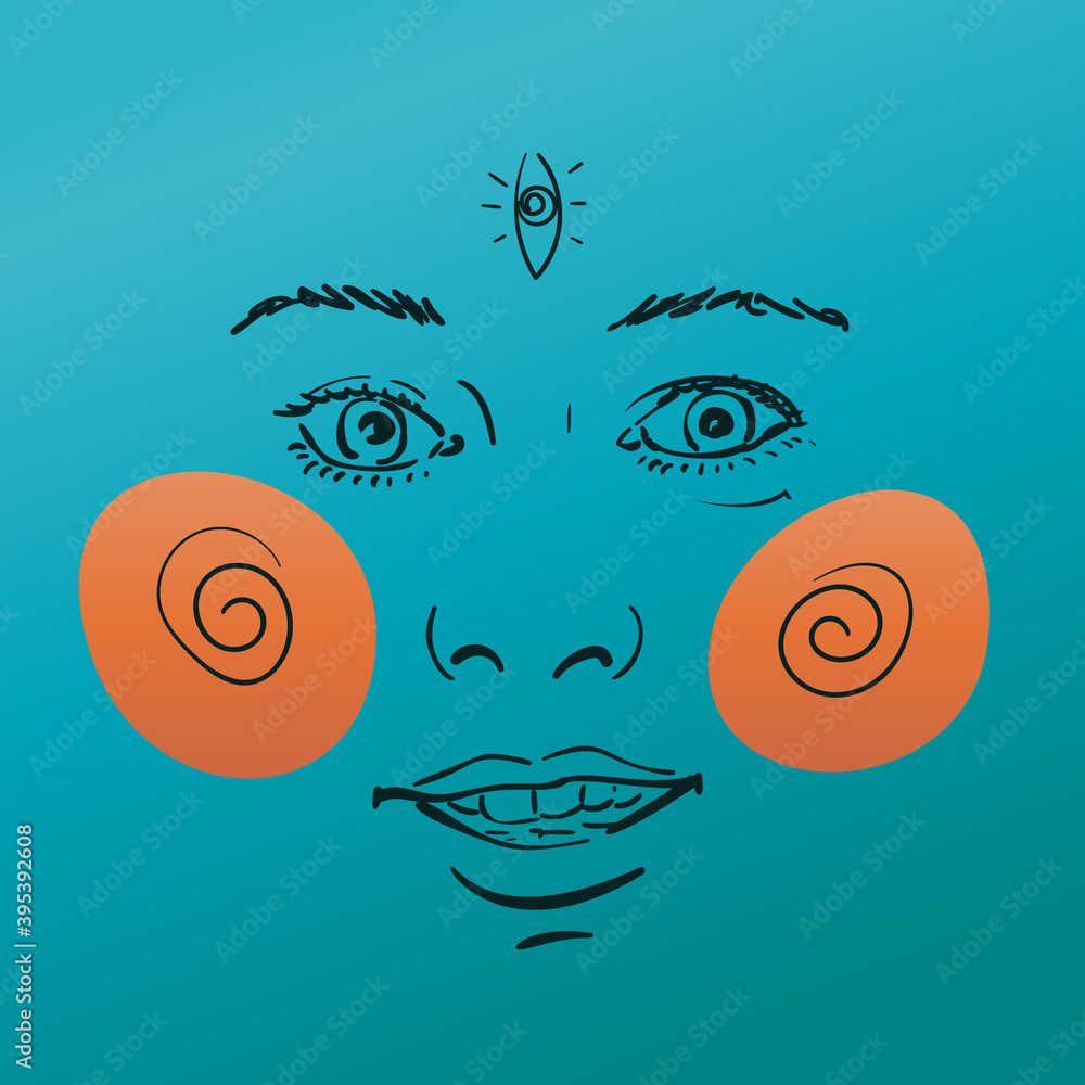 Happy woman face with third eye and spiral cheeks vector sketch, Hand ...