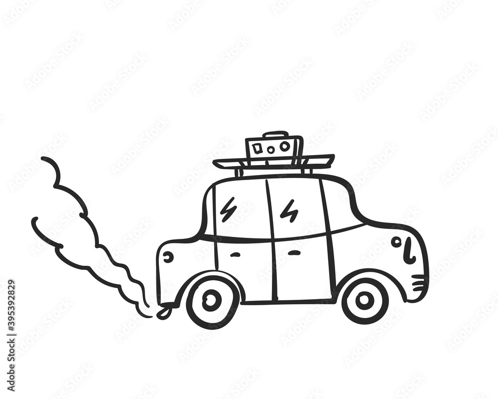 Retro car doodle road trip, Cartoon car with luggage blowing exhaust ...