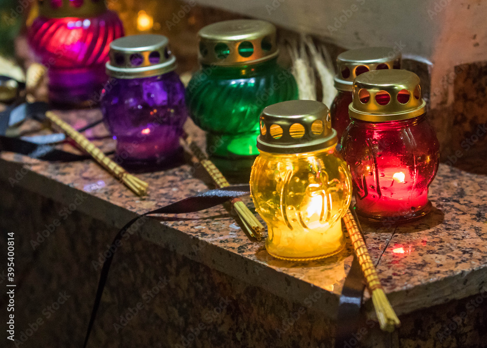 A bunch of grain and lighted lamps of fire (symbol of Ukrainian famine ...