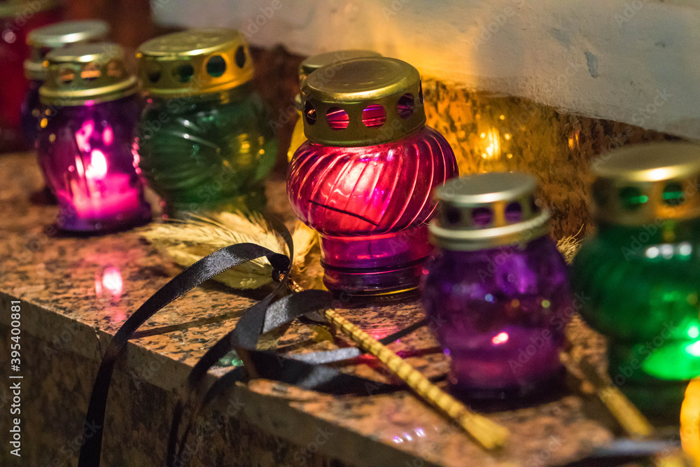 A bunch of grain and lighted lamps of fire (symbol of Ukrainian famine ...