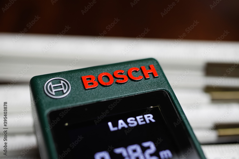 Viersen, Germany - May 9. 2020: Close up of isolated Bosch laser range ...