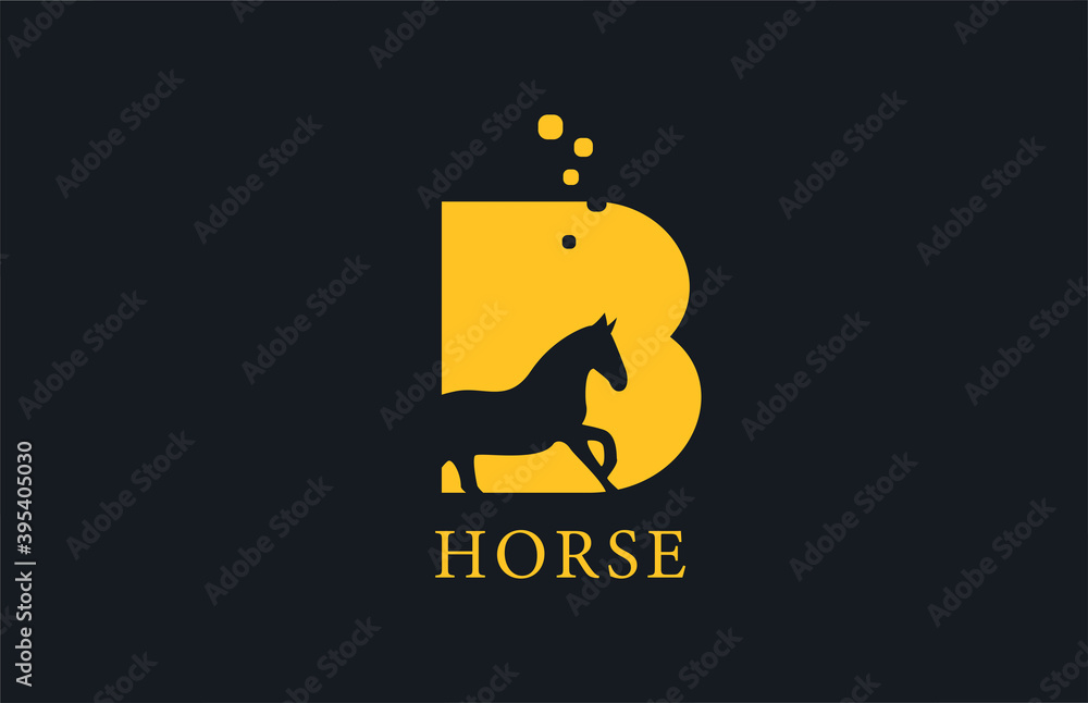 B yellow horse alphabet letter logo icon with stallion shape inside ...