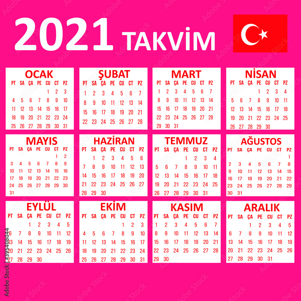 Calendar 2021 in Turkish language, week starts on Monday. Vector ...