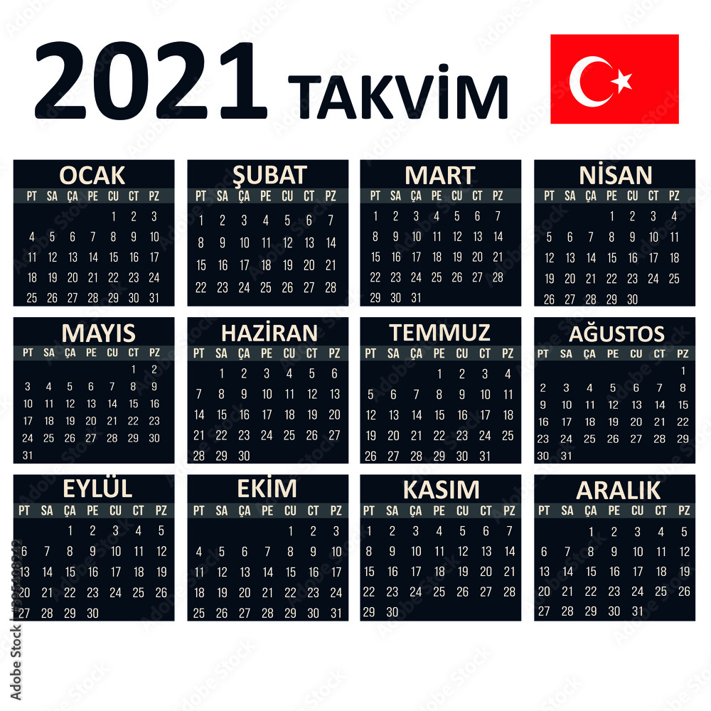 Calendar 2021 in Turkish language, week starts on Monday. Vector ...
