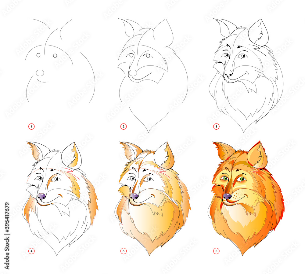 How to learn to draw sketch of cute sly foxes head. Creation step by ...