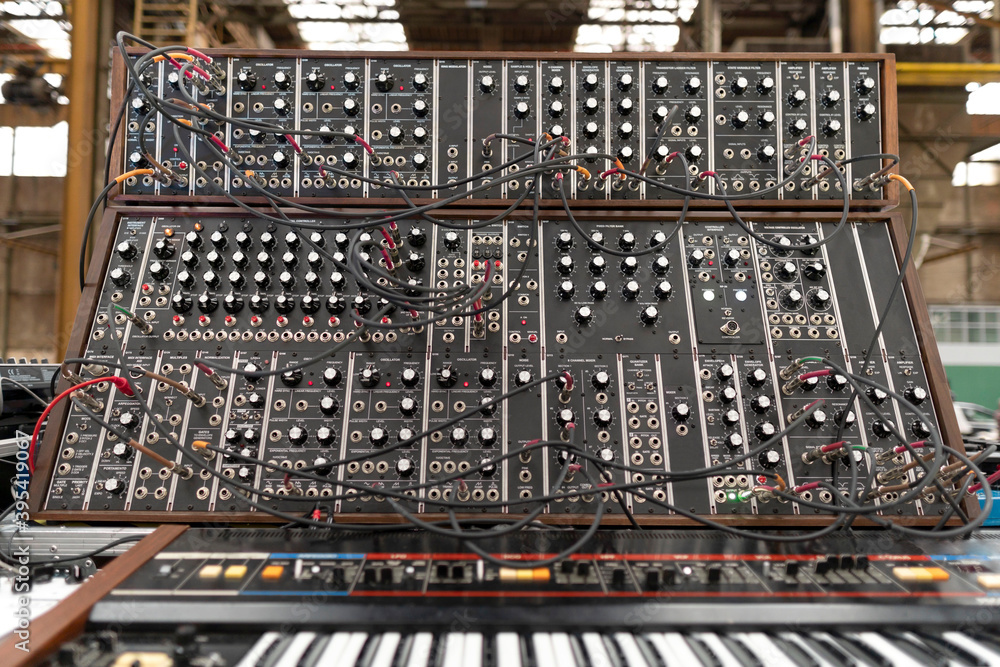Big modular analog classic synthesizer front view. Vintage dj musician ...