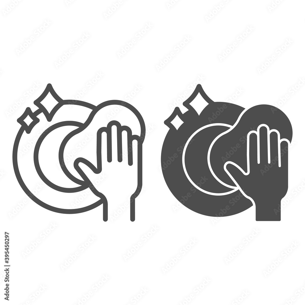 Plate and sponge in hand line and solid icon, Hygiene routine concept ...