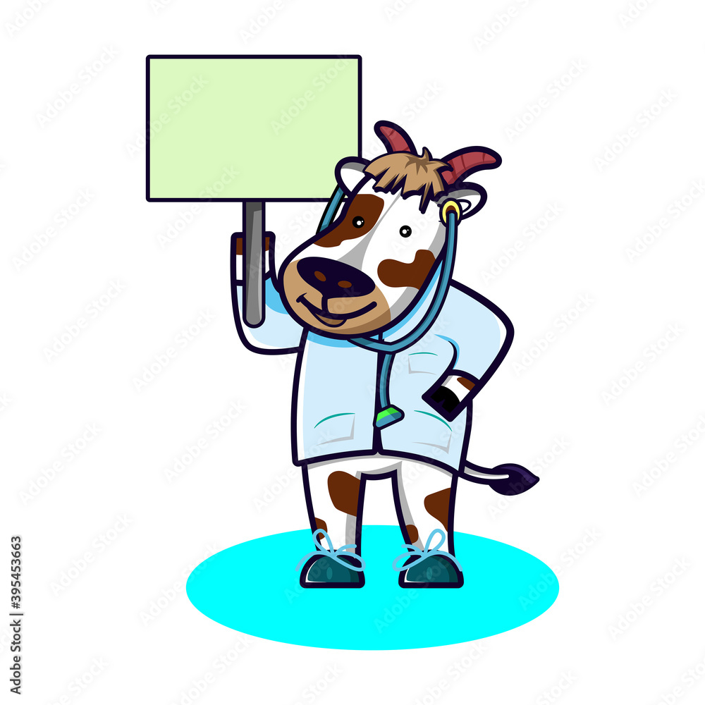 Cute cow as a farm doctor holding blank banner cartoon vector ...