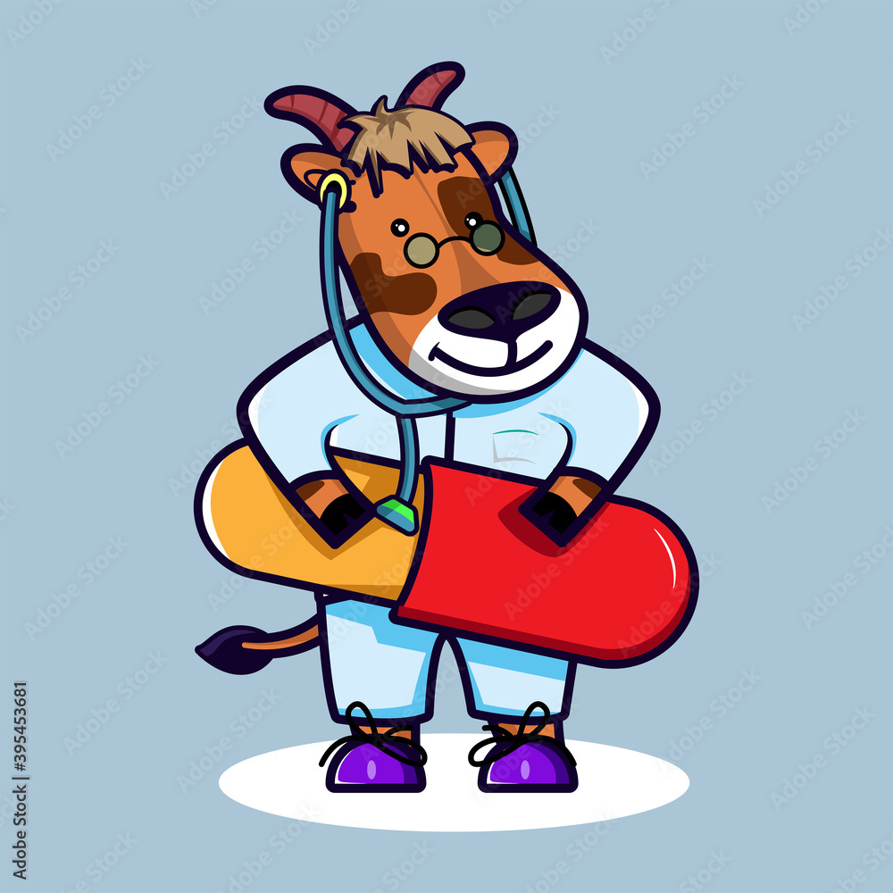 Cute cow as a farm doctor holding pill capsule medicine cartoon ...