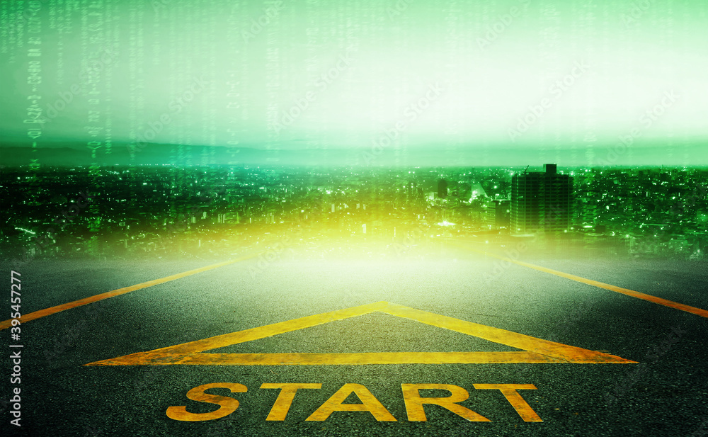 Road with Start sign leading to a hope and light in to AI computer ...
