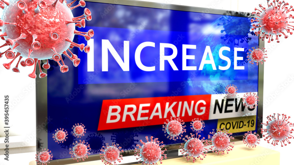 Covid, increase and a tv set showing breaking news - pictured as a tv ...