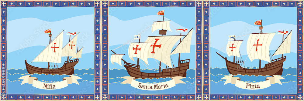 Triptych ships of Columbus. Santa Maria, Pinta and Ninha float on the ...