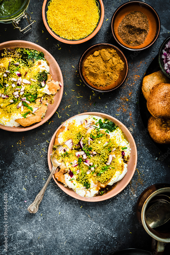 Dahi aloo tikki chaat (Indian street food made from potatoes with ...