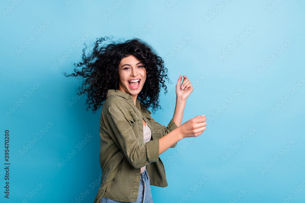 Photo of funny excited person enjoy dancing open mouth hair flying ...