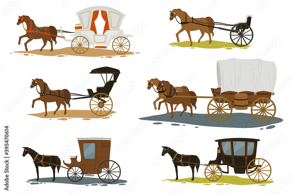 Horses with carriage, transport in past vector Stock Vector | Adobe Stock