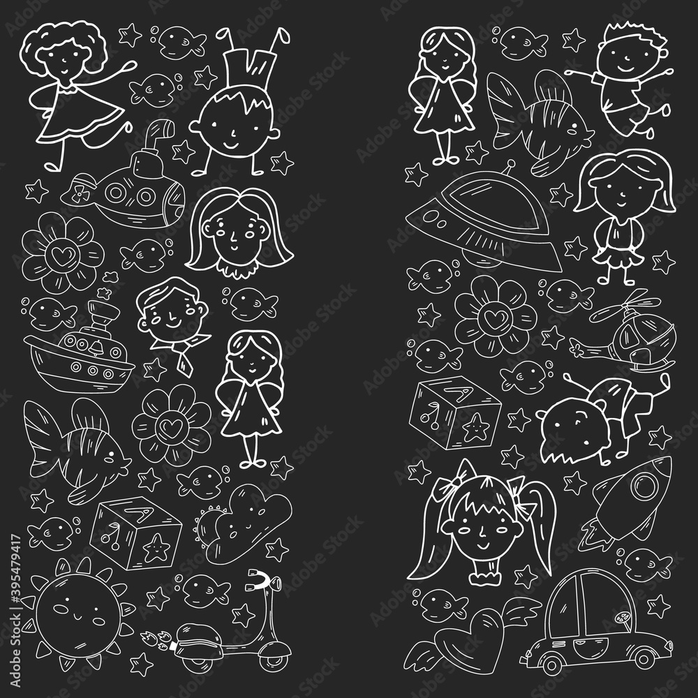 Doodle set of objects for kids. Toys and boys and girls. Kindergarten ...