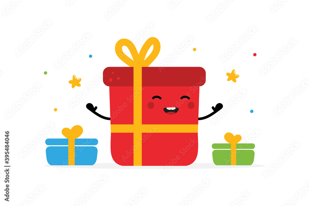 Cute cartoon style illustration with smiling happy gift box character ...