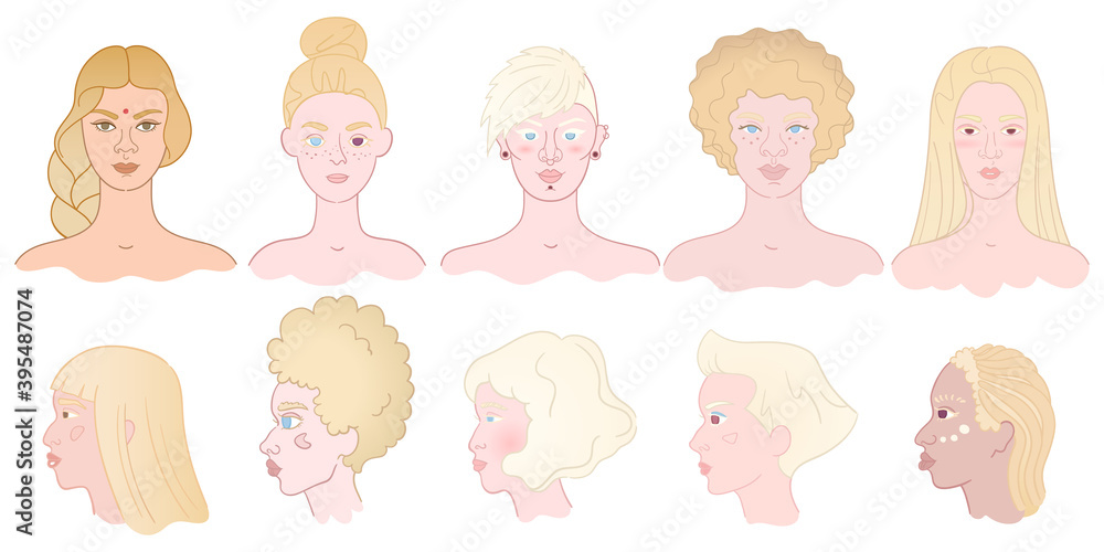 Hand drawn set of albino women portraits - front and side view ...