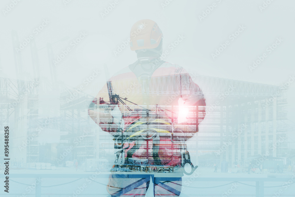 Double exposure Safety man standing for safety concept in construction ...