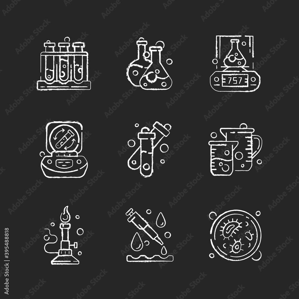 Laboratory equipment chalk white icons set on black background. Holding ...