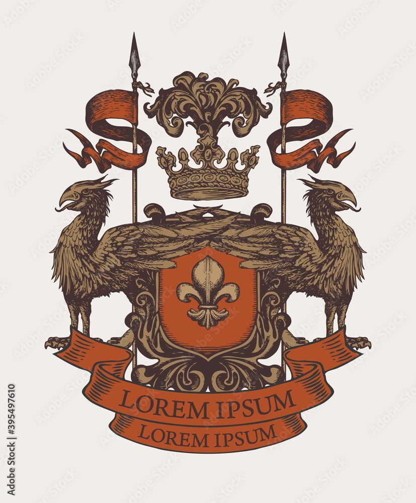 Medieval heraldic Coat of arms in vintage style with shield, knightly ...