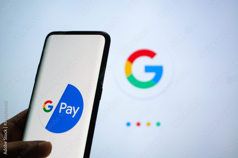 Google Pay app logged in on a mobile infront of a white screen with ...