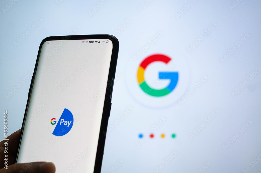 Google Pay app logged in on a mobile infront of a white screen with ...