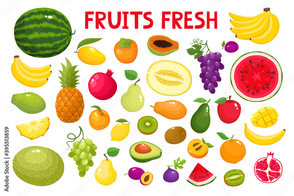 Colorful cartoon fruit icons isolated on white. Stock Vector | Adobe Stock