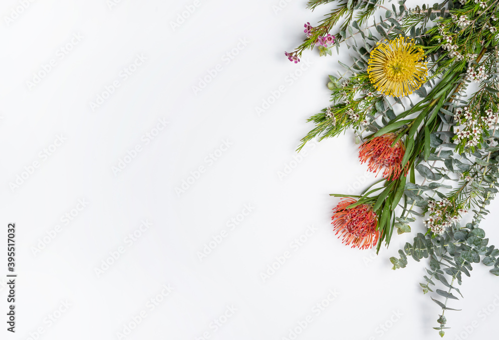 Beautiful flat lay floral border or framing arrangement of mostly ...
