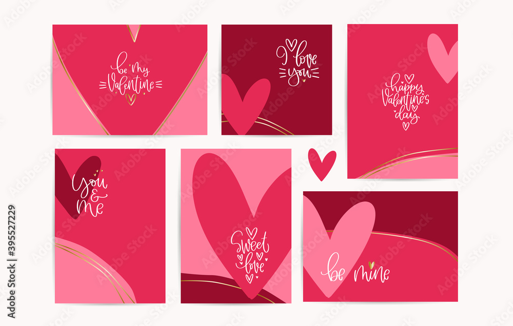 Valentines day pink , gold and dark red greeting card set with modern ...