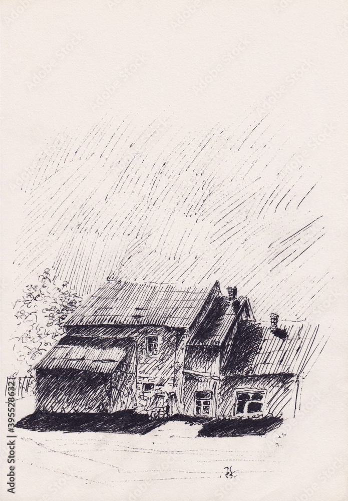 Pen drawing of old village house made with multiple parts made of ...