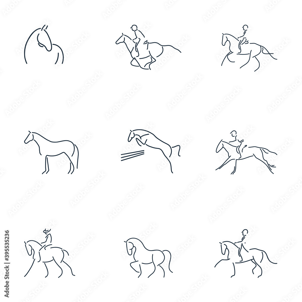 Set of line drawing of equestrian rider and horse for logo identity ...
