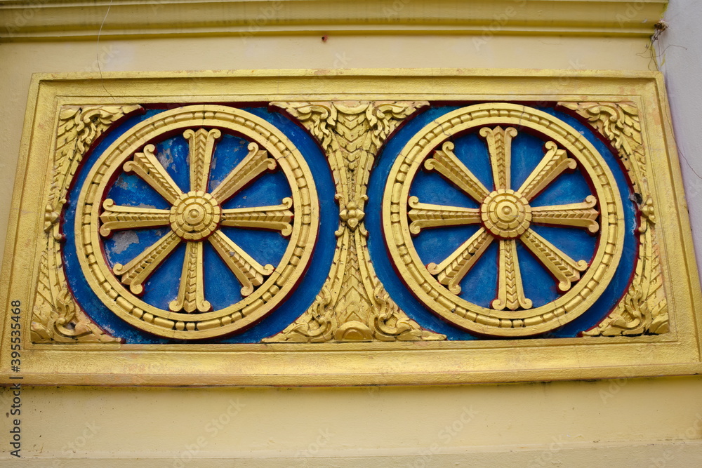 Golden Buddhist Symbol. Dharmachak or wheel of Dharma. Stock Photo ...