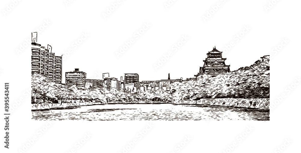 Building view with landmark of Hiroshima Castle, sometimes called Carp ...