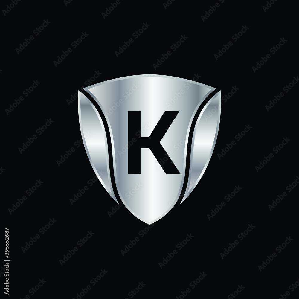 Silver Shield Logo Design for Letter K. Vector Realistic Metallic logo ...