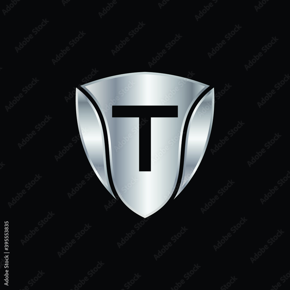 Silver Shield Logo Design for Letter T. Vector Realistic Metallic logo ...
