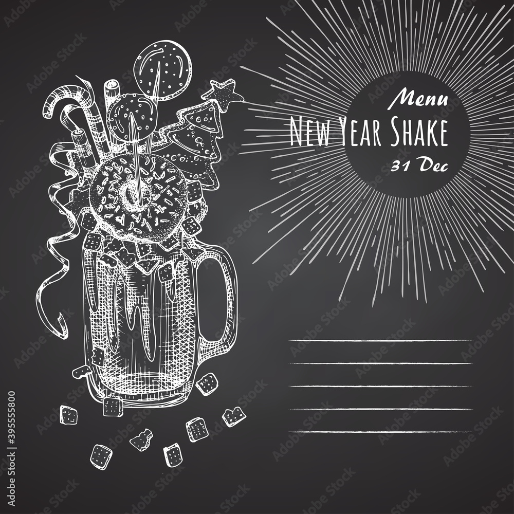 Monster shake dessert menu, chalkboard background. Hand drawn black and ...