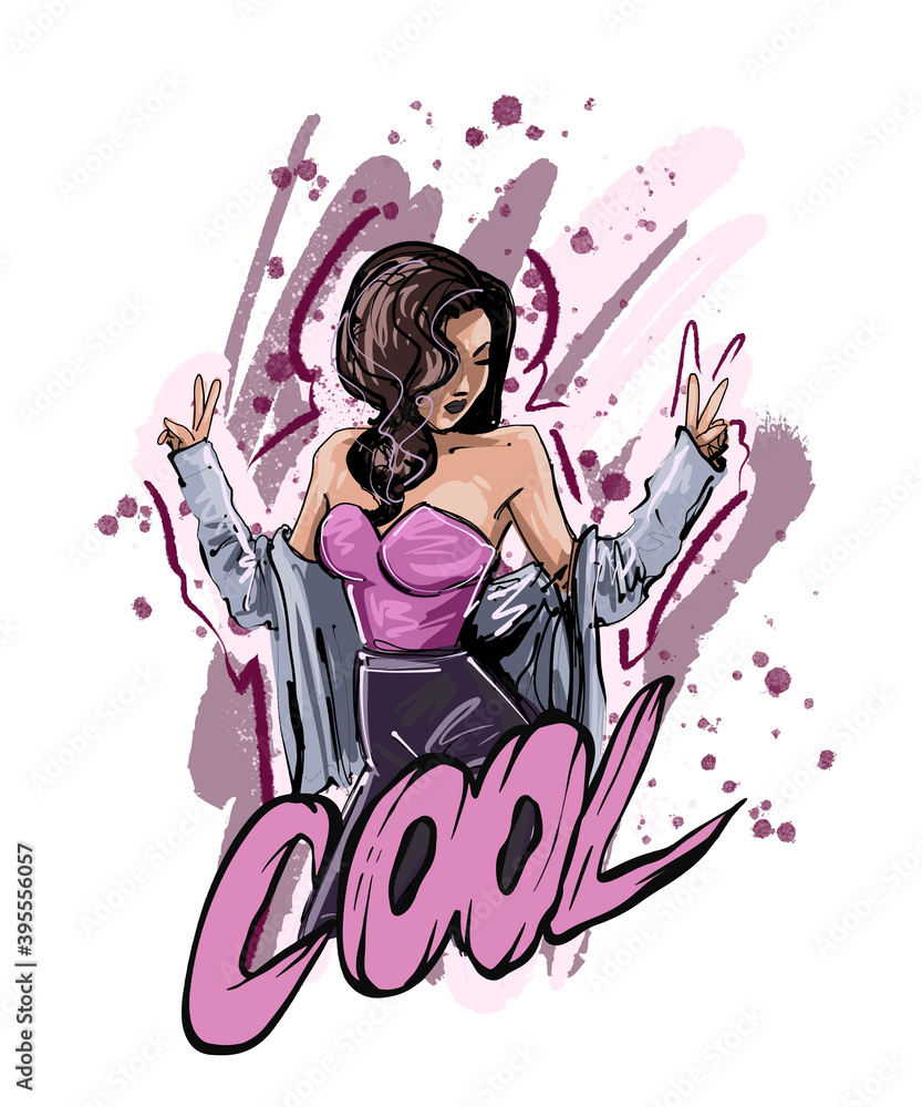 Cool. Hand drawn beautiful young woman. Fashion woman look. Sketch ...