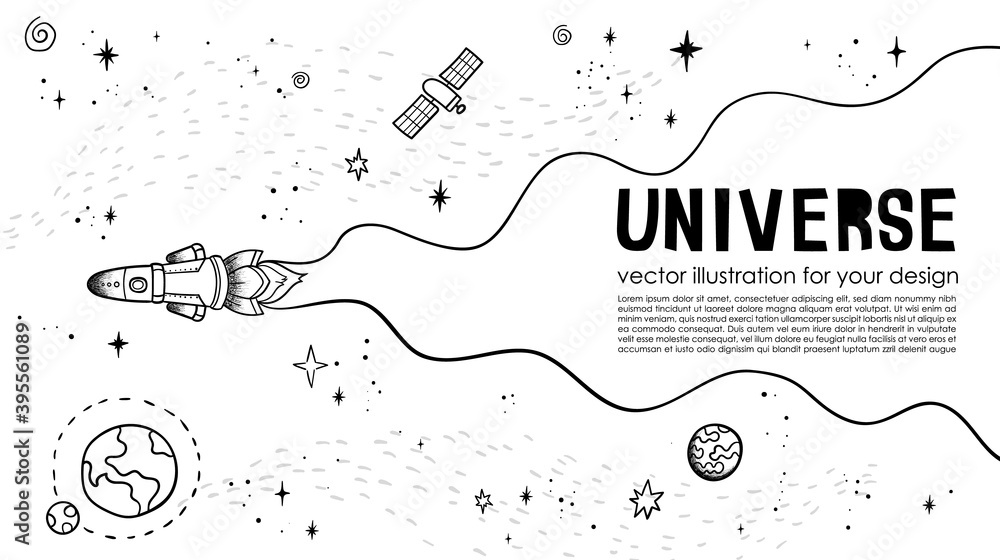 Hand drawn space banner template. Space doodle Vector illustration with ...