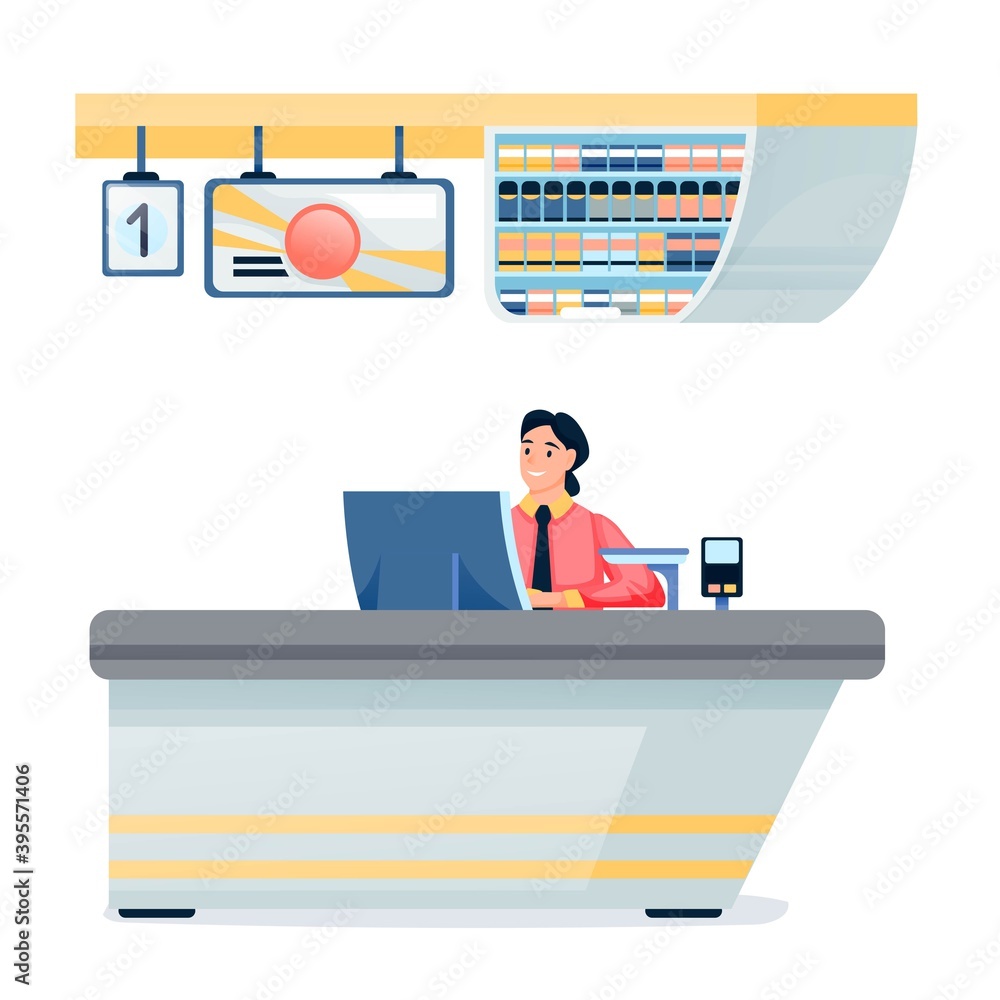 Cashier at supermarket store checkout. Young happy woman sitting at ...