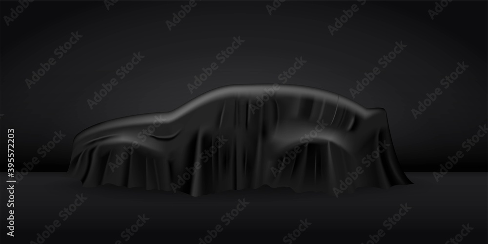 Black cloth drapery covering car. Silk fabric hanging on gift for ...