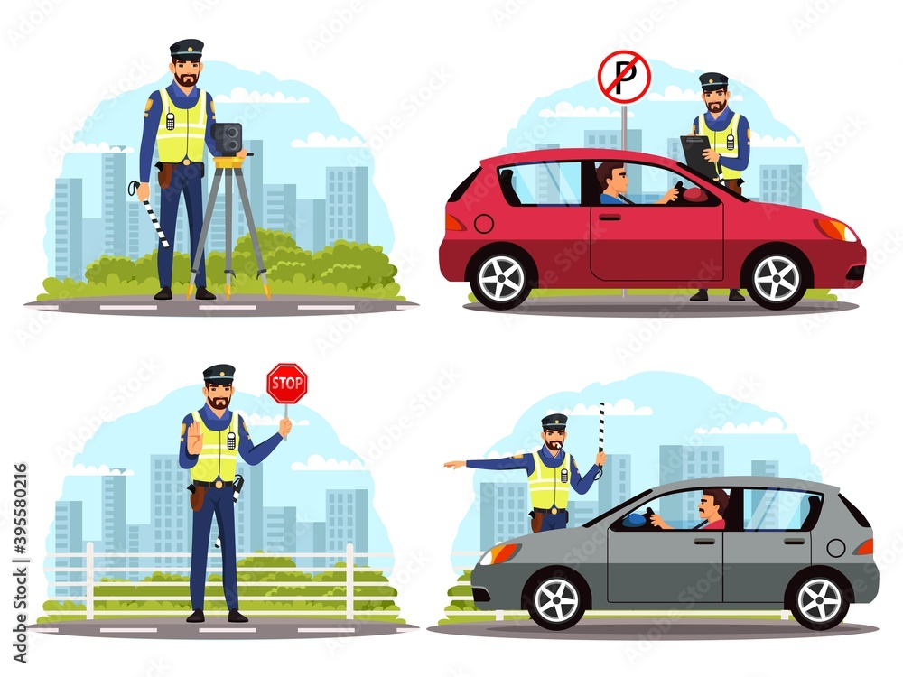 Police officer regulating traffic on road set. Policeman stopping car ...