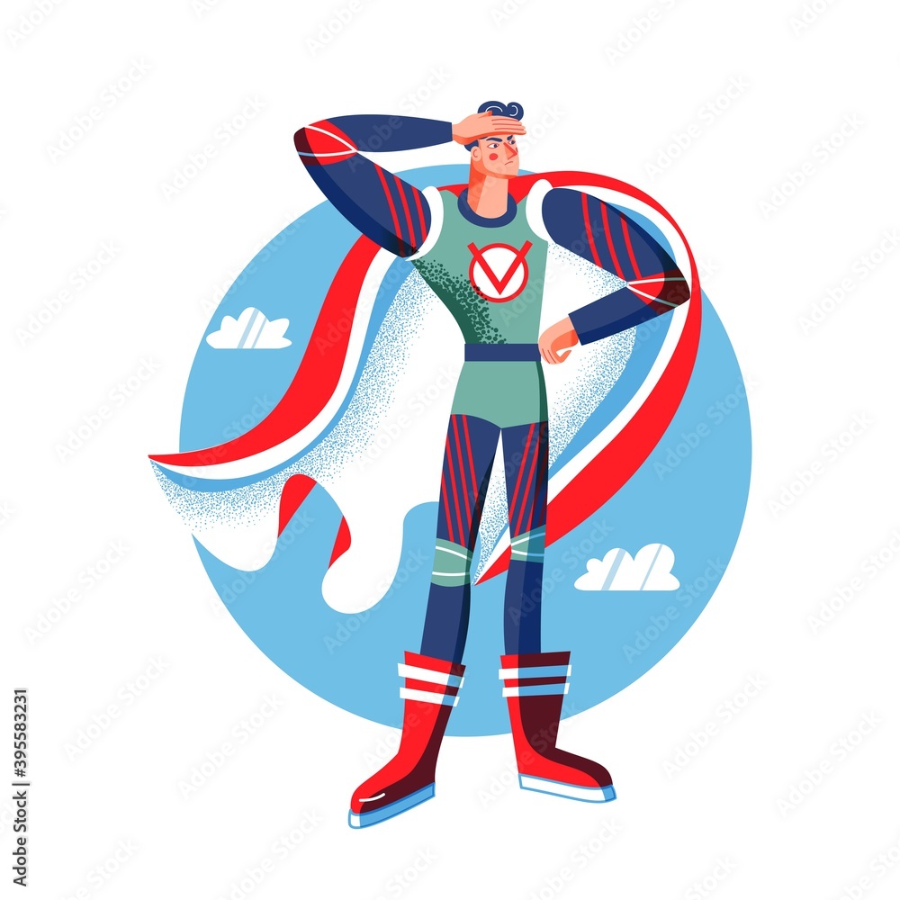 Male superhero in costume thinking. Superman with cape vector ...
