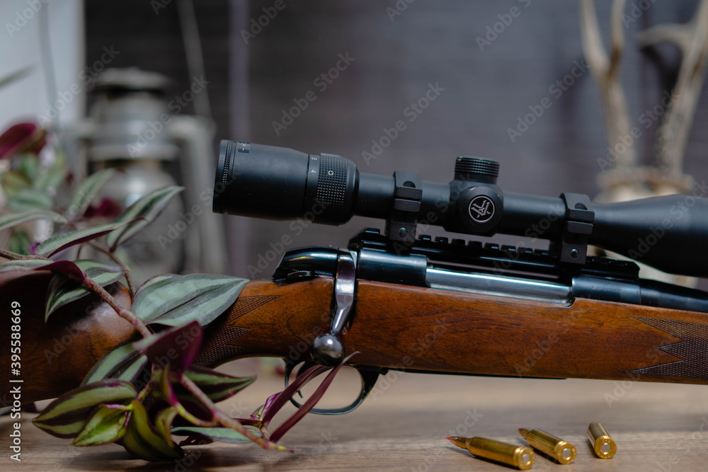 Foto de Side view of beautiful rifle with wood stock. Caliber 22 long ...