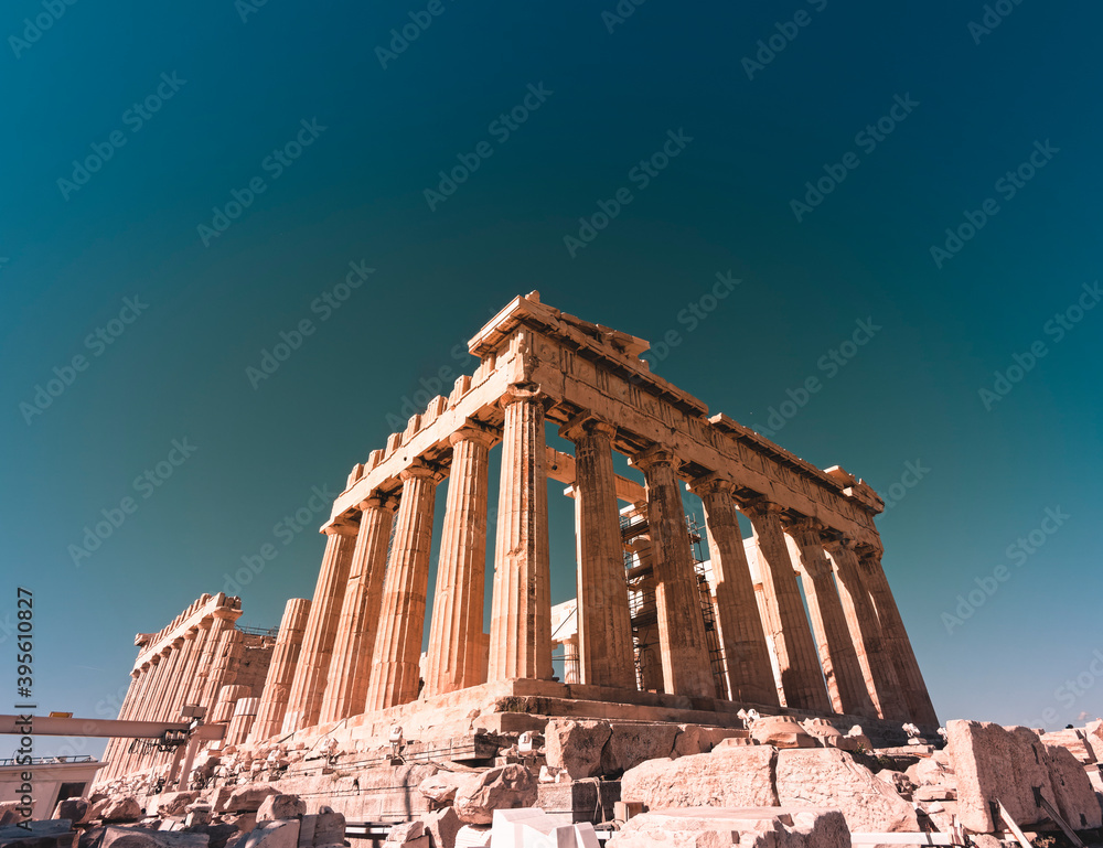 Parthenon ancient temple east front, standing on Acropolis hill Athens Greece, space for your ...