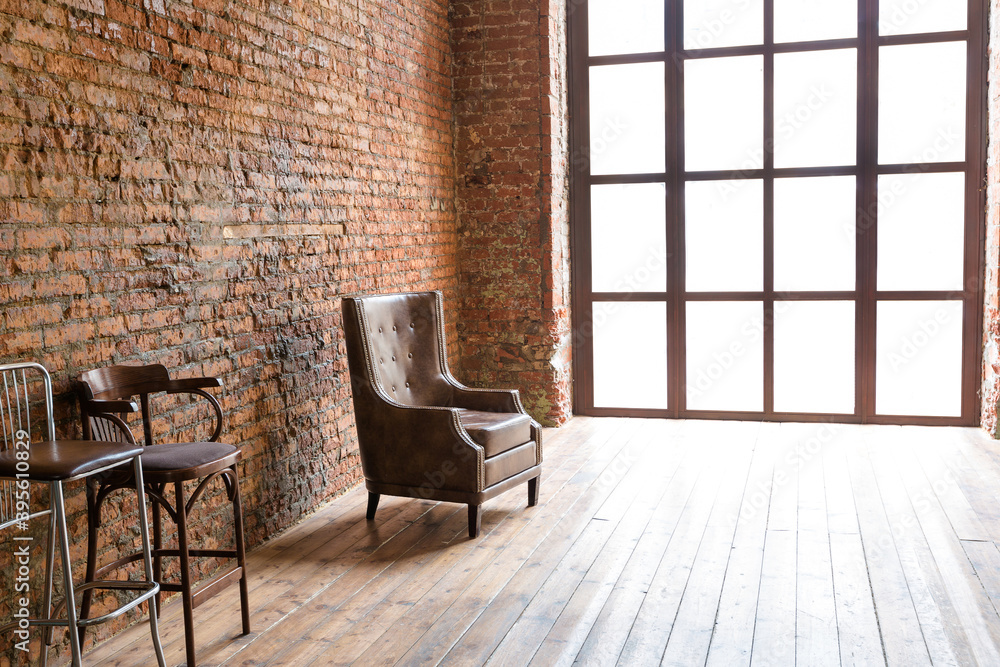 Interior design in loft style of spacious empty room with a huge ...