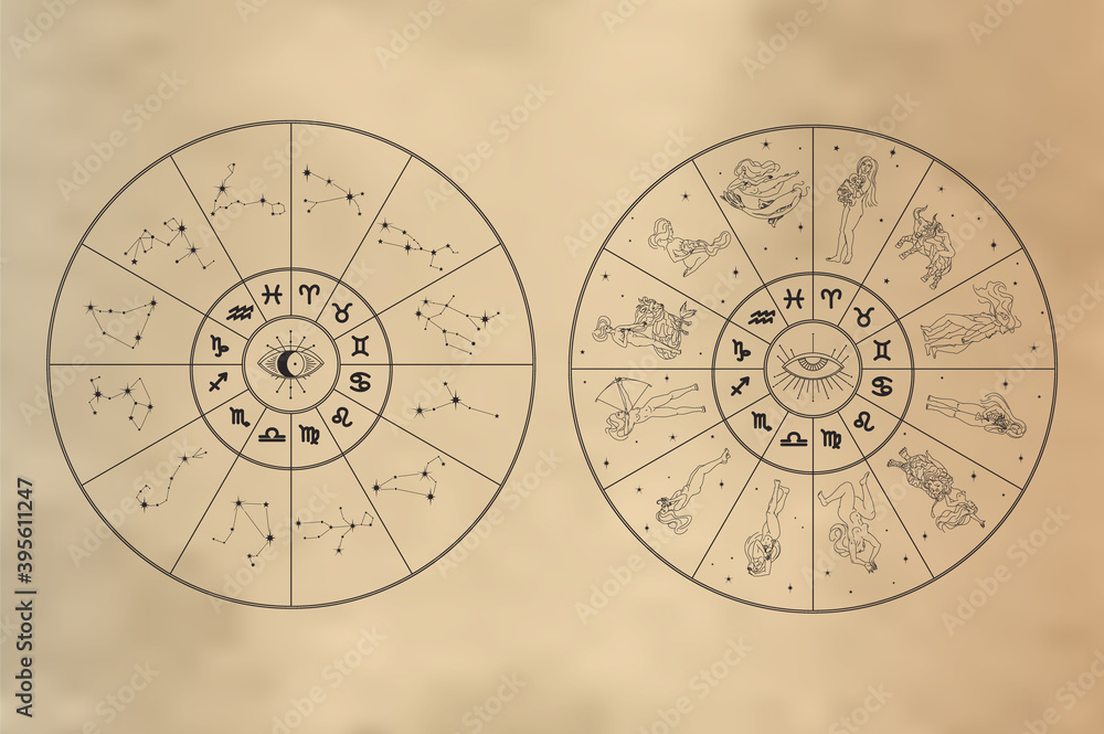 Vecteur Stock Zodiac wheels set. Circles with zodiac signs as girls ...