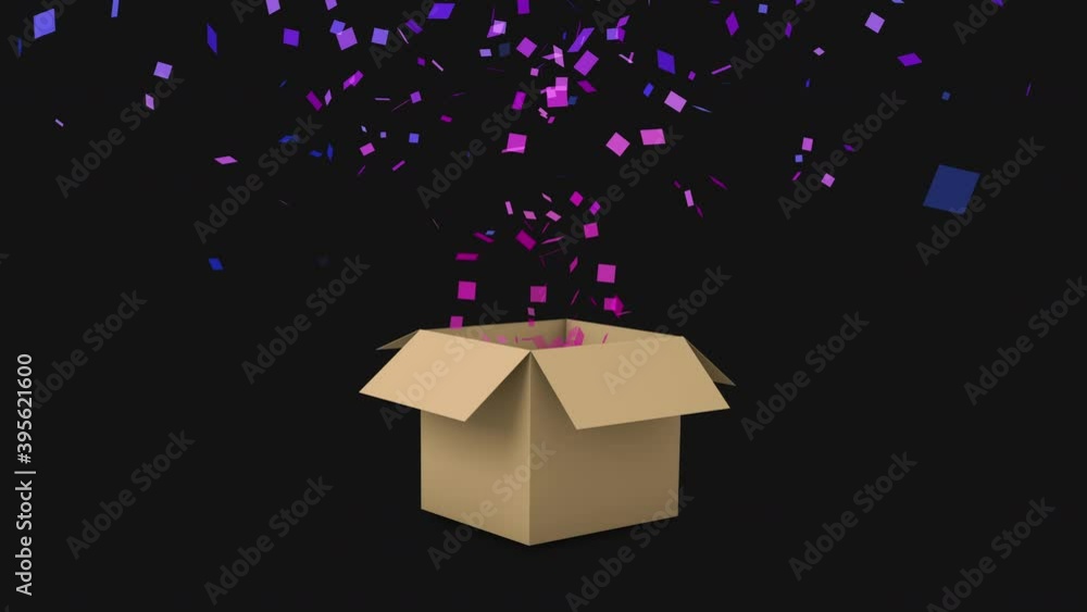 Pink and Blue confetti shooting out from cardboard box, 3D rendering ...